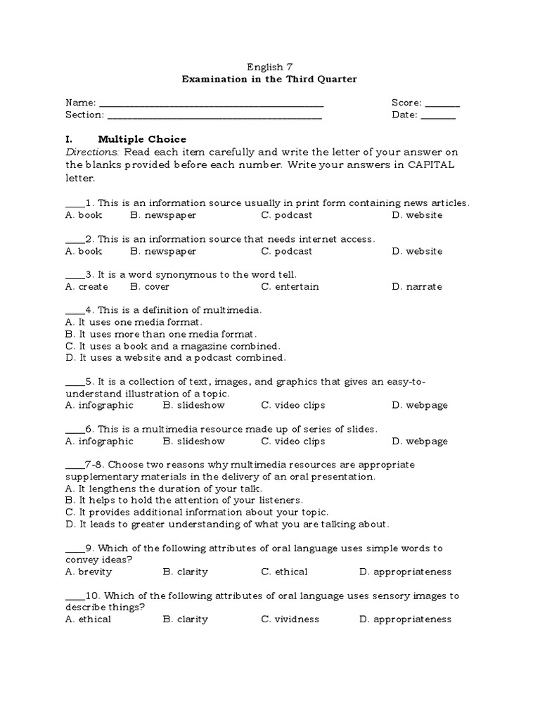 English 7 Quarter 3 Quarterly Examination or Assessment 1ST DRAFT ...