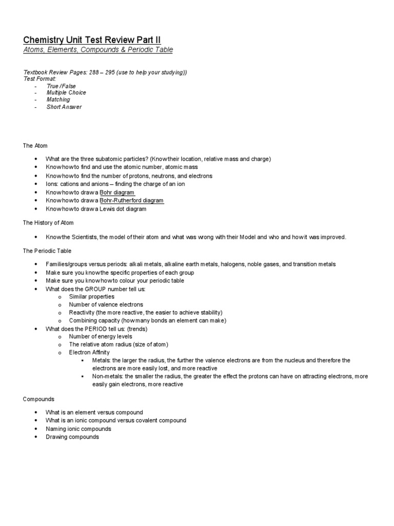 Grade 9 Chemistry Unit Test Review | PDF | Chemical Compounds | Ion