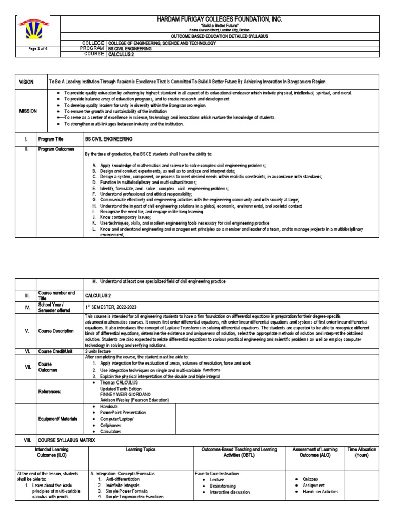 Engineering Calculus 2 Syllabus | PDF | Engineering | Integral