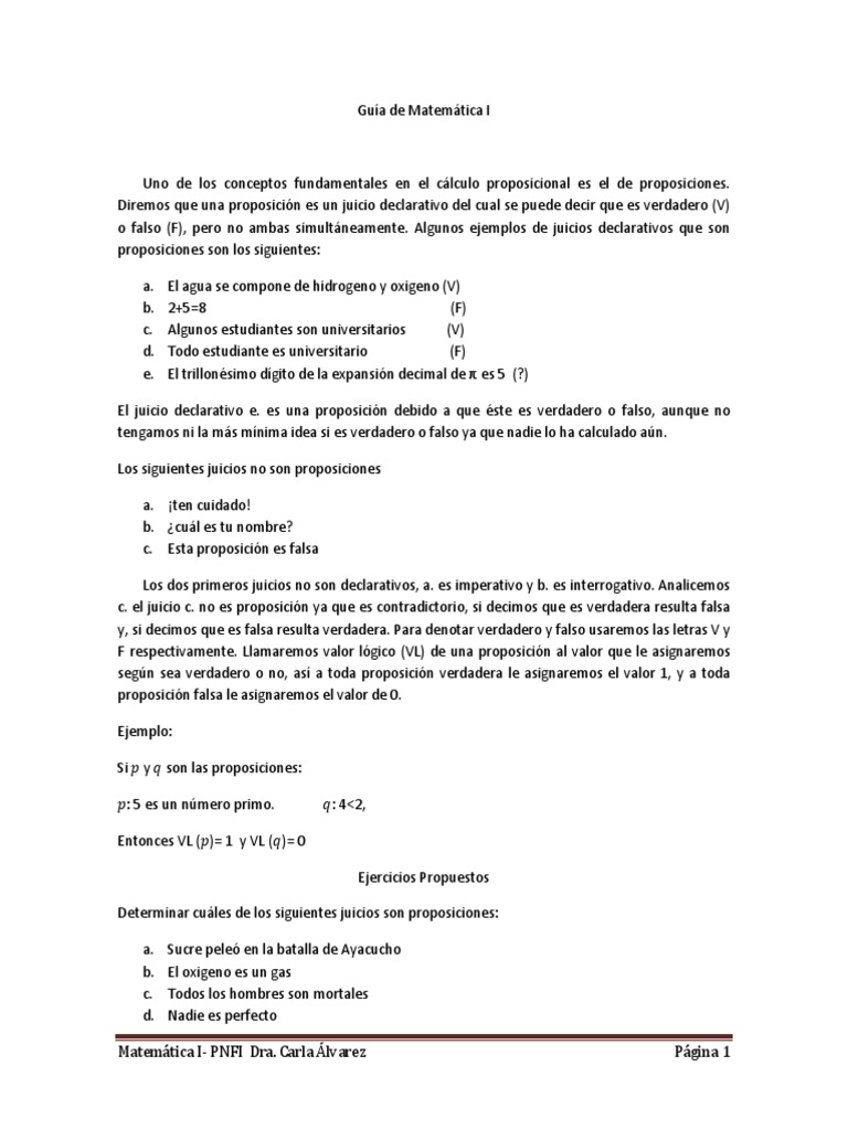 Guía de Matemática I | PDF | Proposición | Sintaxis (Lógica)