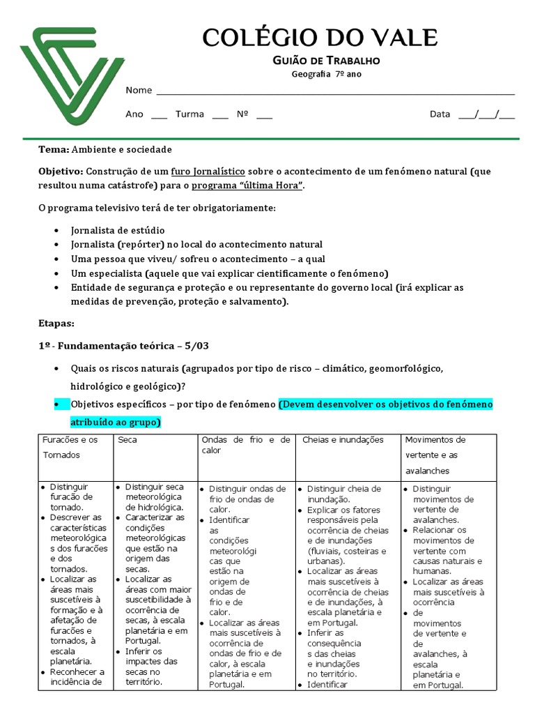 Guião de Trabalho - Riscos Naturais | PDF | Enchente | Ciclones tropicais Guião de Trabalho - Riscos Naturais | PDF | Enchente | Ciclones tropicais