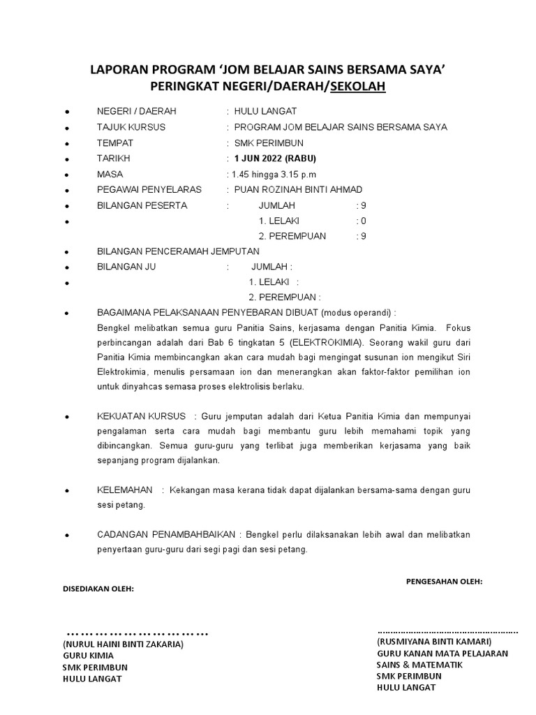Laporan Program Jom Belajar Sains | PDF
