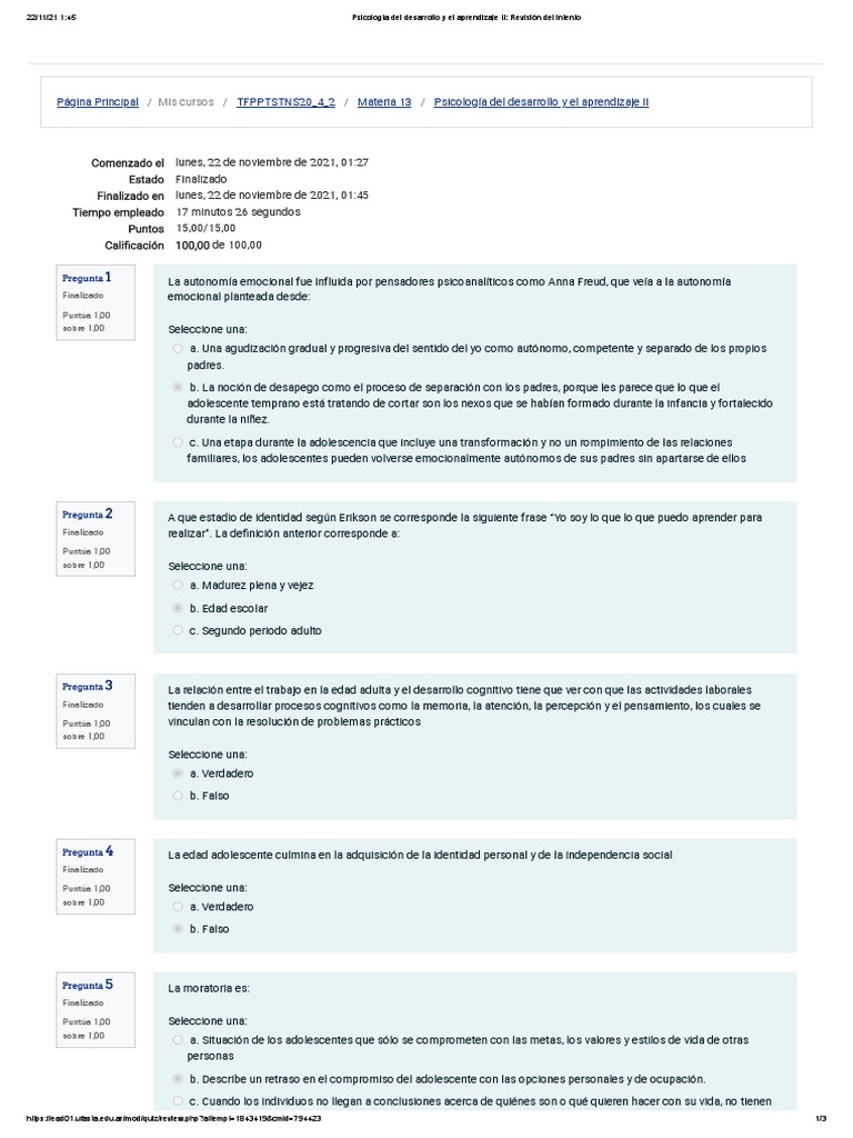 Psicología Del Desarrollo y El Aprendizaje II - Revisión Del Intento | PDF