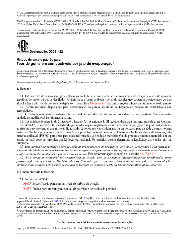 ASTM D381 - Método de Ensaio Padrão para Teor de Goma em Combustíveis ...