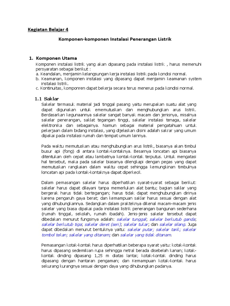 Kegiatan Belajar 4 (Komponen-Komponen Instalasi Penerangan Listrik) | PDF