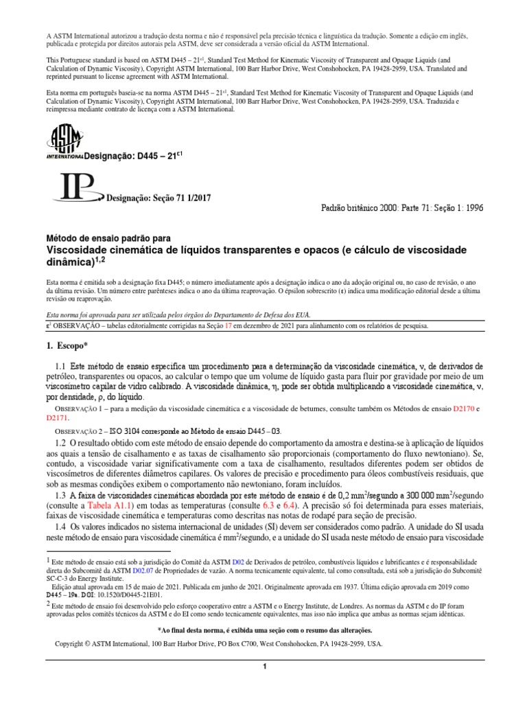 ASTM D445-Método de Ensaio Padrão para Viscosidade Cinemática de ...