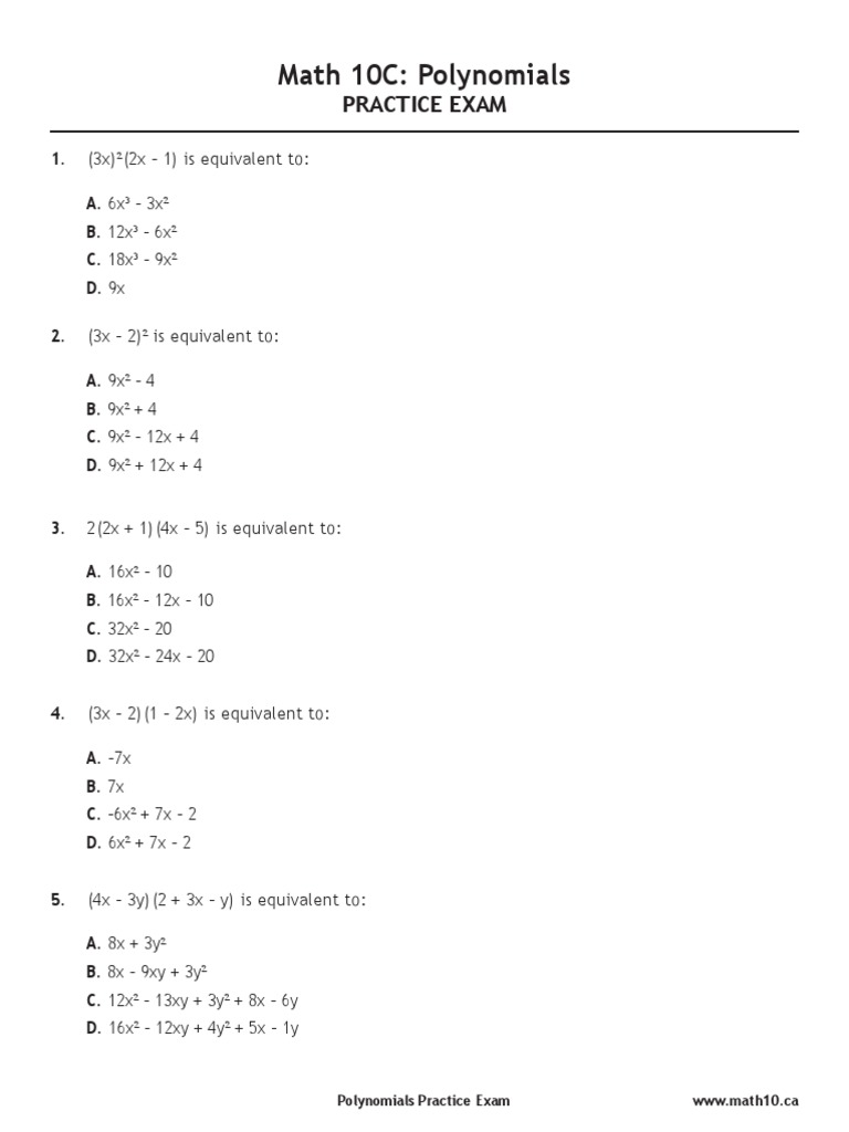 Math10c Practiceexam Polynomials | PDF | Factorization | Area