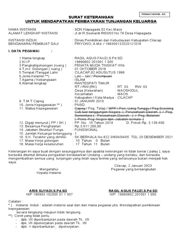 Format Model DK Guru Dan Penjaga SD 2023 | PDF