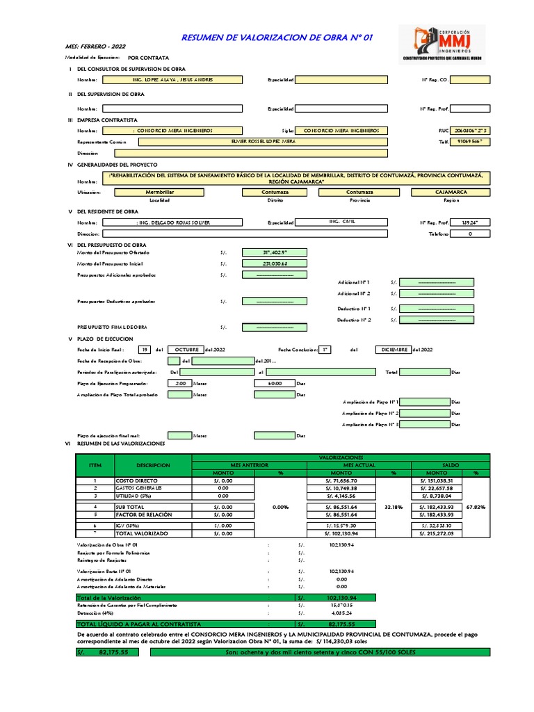 Resumen de Valorizacion de Obra #01: Mes: Febrero - 2022 | PDF