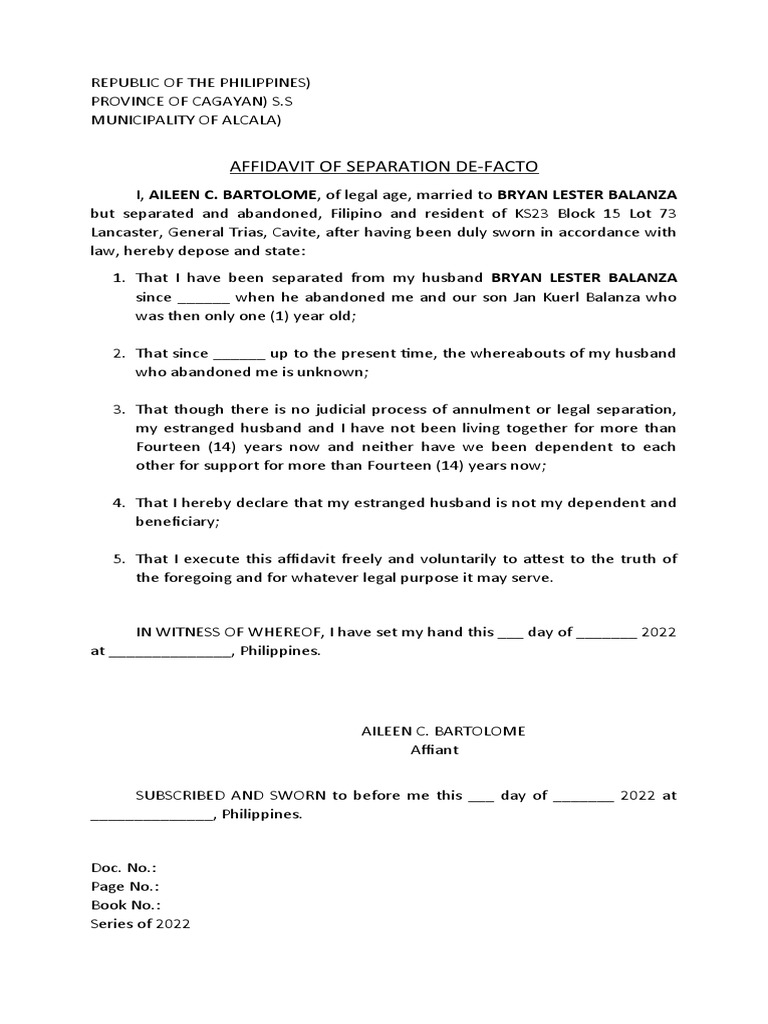 Affidavit Separation de Facto | PDF | Law | Social Science