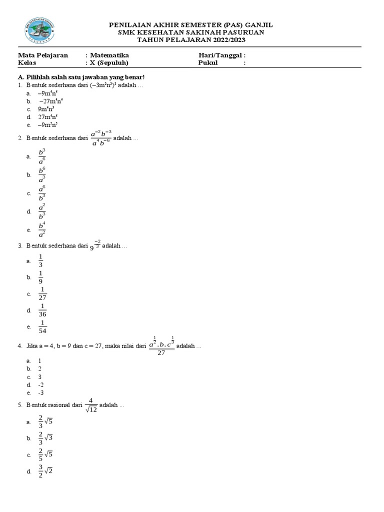 Fix MTK X Pas SMK 22-23 | PDF | Metode & Bahan Ajar
