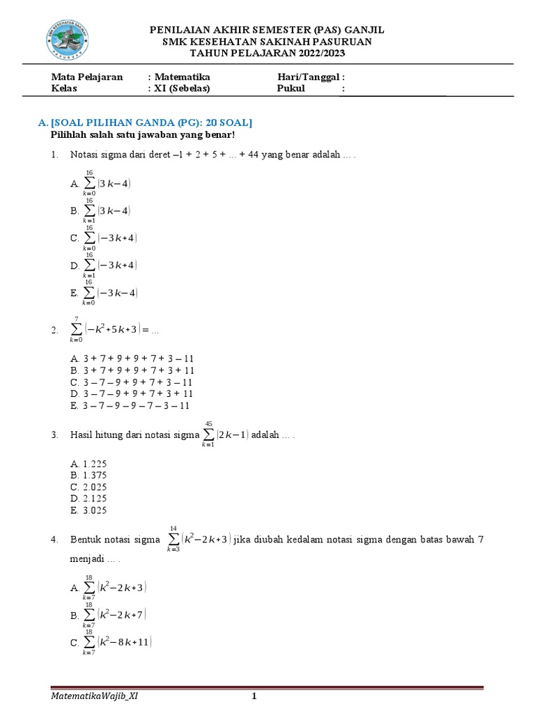 Soal MTK Xi Pas SMK 22-23 | PDF