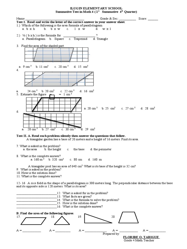 Grade 4 Math Summative Test Q2 | PDF | Area | Volume