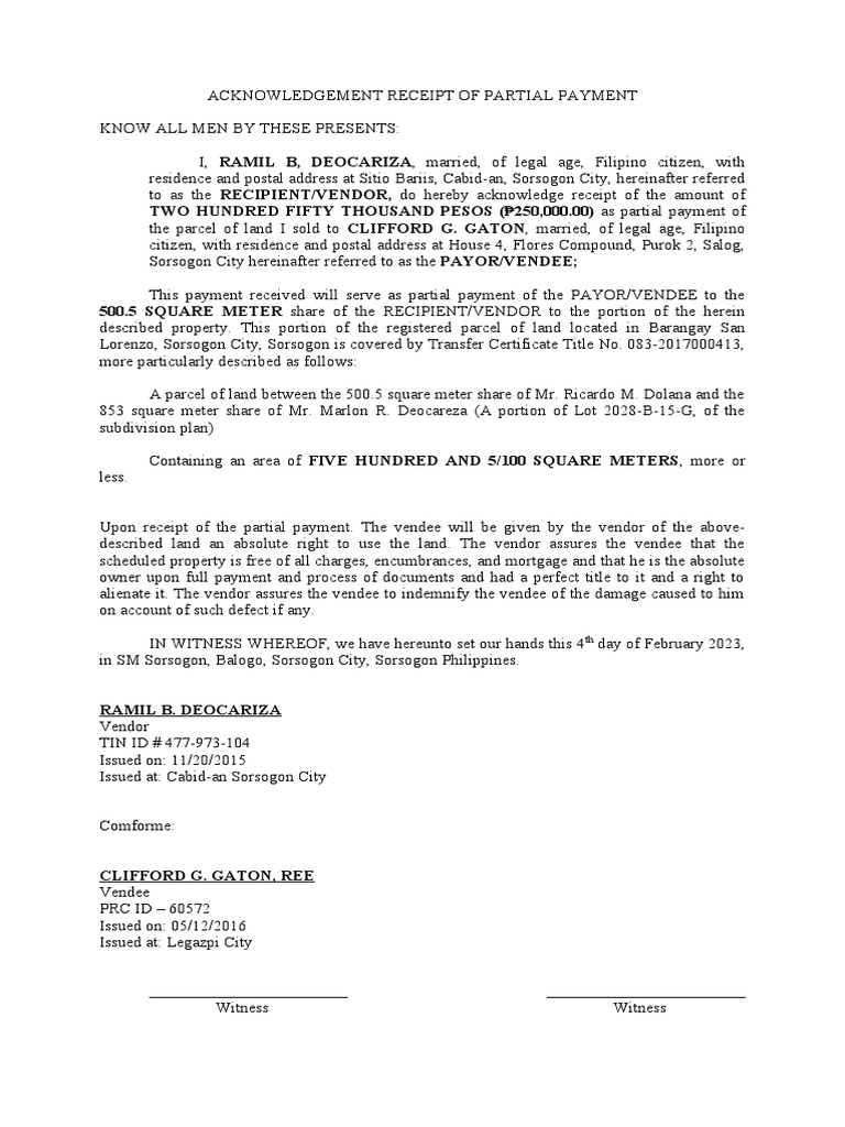 Partial Payment For Lot Pdf