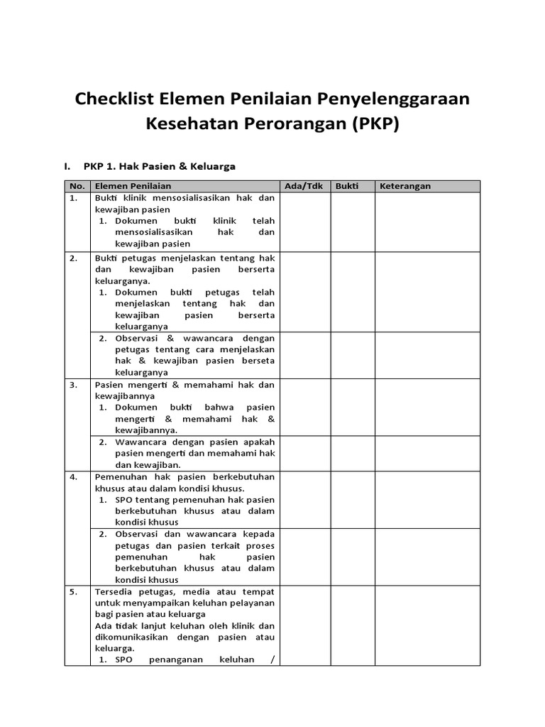 Check List Elemen Penilaian Penyelenggaraan Kesehatan Perorangan | PDF