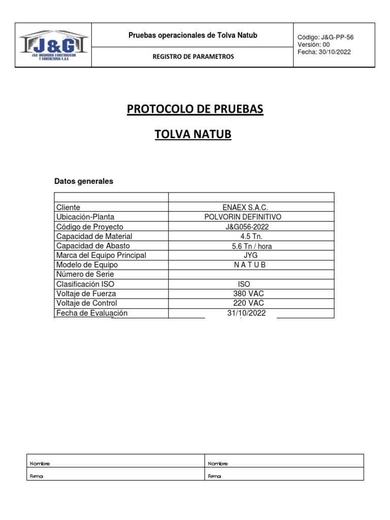 Protocolo de Pruebas TOLVA NATUB | PDF | Bienes manufacturados