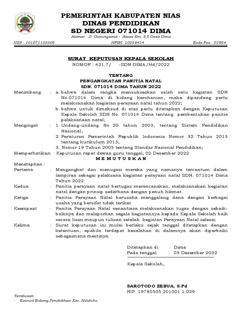 SK Panitia Natal SDN 071014 Dima | PDF