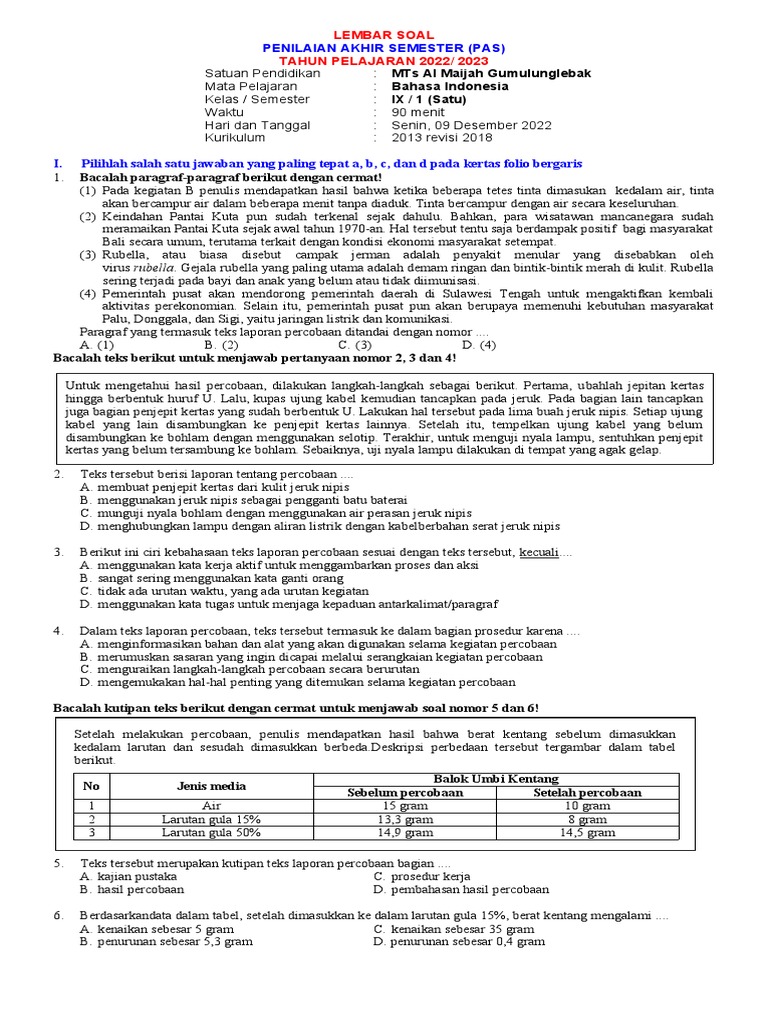 Soal PAS B.Indo Dan Kisi-Kisi 9 SMT 1-2022-2023 | PDF