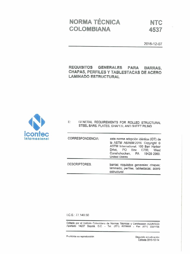 NORMA TECNICA NTC 4537 (ASTM 6A) Requisitos Generales para Barras, Chapas, Perfiles y ...