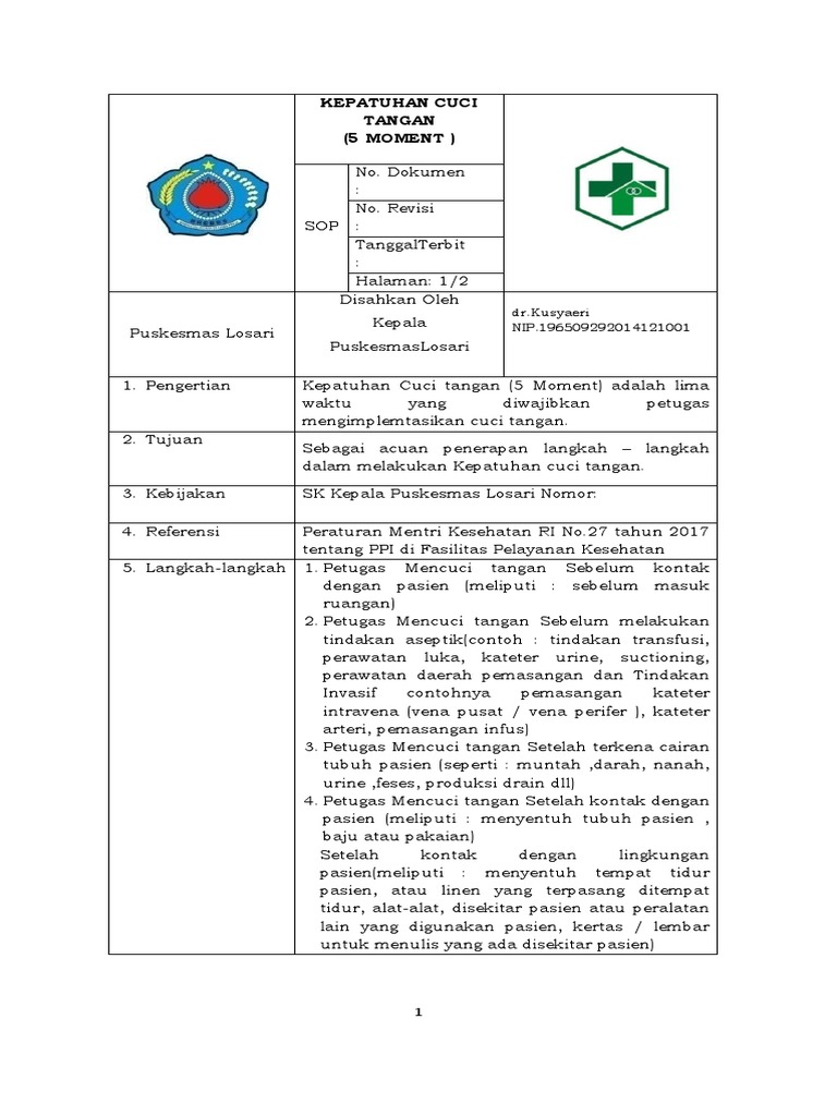 Sop Kepatuhan Cuci Tangan (5 Momen) | PDF
