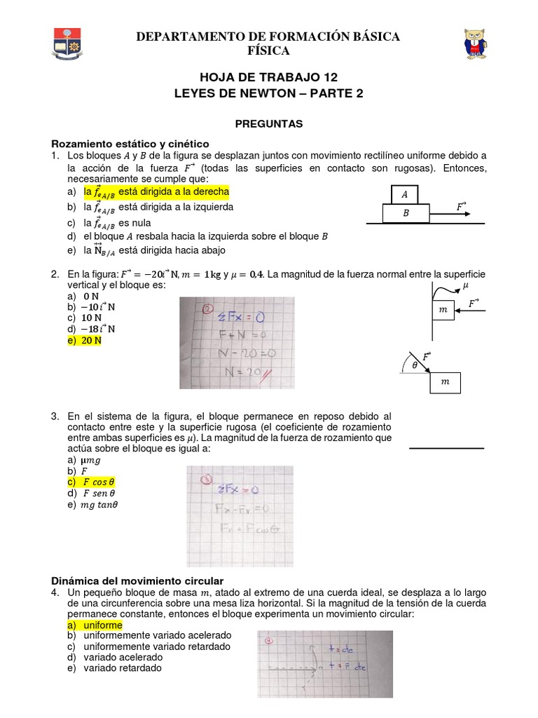 Hoja de Trabajo 12 - Leyes de Newton - Parte 2 | PDF | Fricción | Fuerza