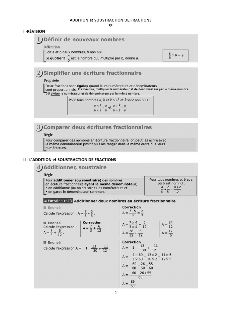 Addition et Soustraction de Fractions 5e | PDF