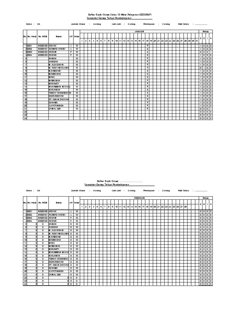Absensi Siswa Rekap Otomatis Semester Genap | PDF