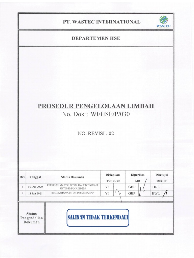 Wi Hse P 030 Prosedur Pengelolaan Limbah | PDF | Teknologi & Rekayasa | Sains & Matematika