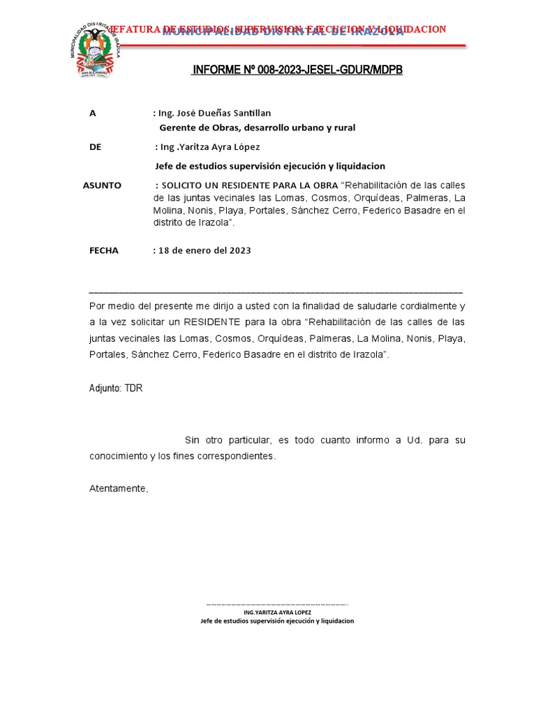 INFORME N°008-2023-SOLICITUD RESIDENTE DE OBRA | PDF