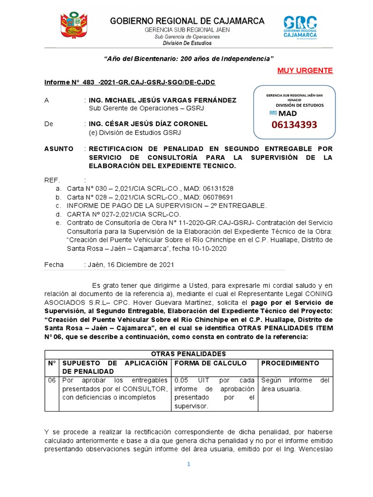 Informe #483 - 2021 - Recificacion de Penalidad en Segundo Entregable Puente Huallape | PDF