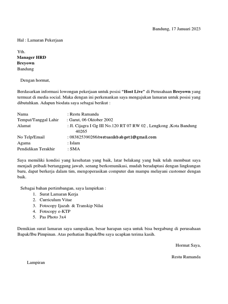 Contoh Lamaran Kerja Host Live | PDF