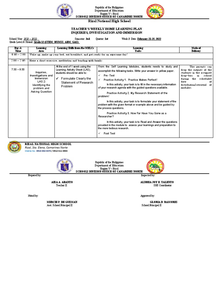 WEEKLY HOME LEARNING PLAN 3is, 2nd Week | PDF | Learning | Education Theory