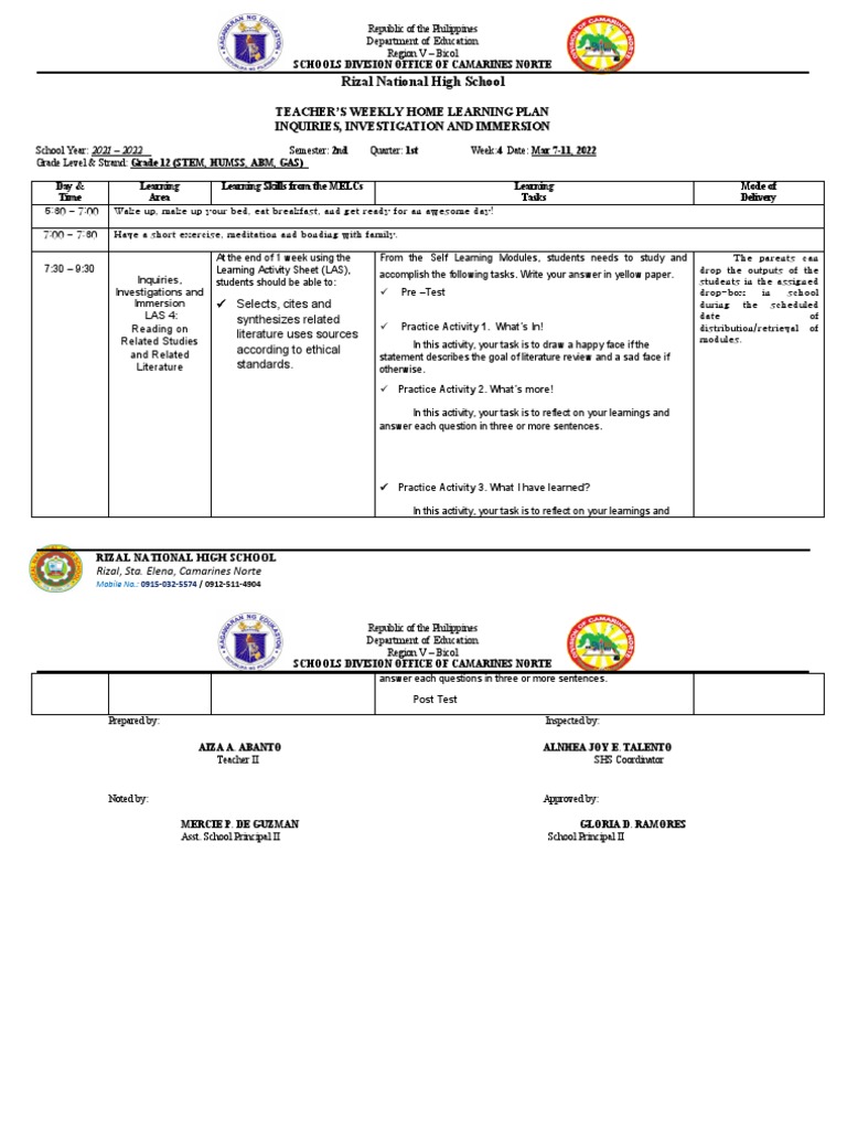 WEEKLY HOME LEARNING PLAN 3is, 4rth Week | PDF | Cognitive Science | Education Theory