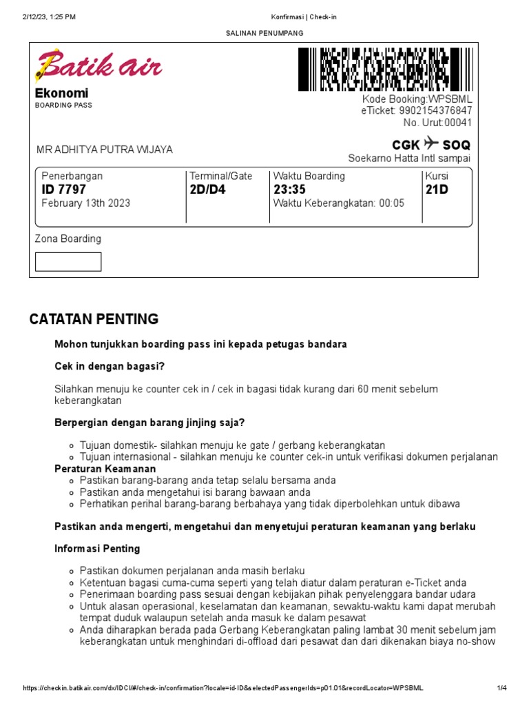 Konfirmasi - Check-In - Adhitya-1 | PDF