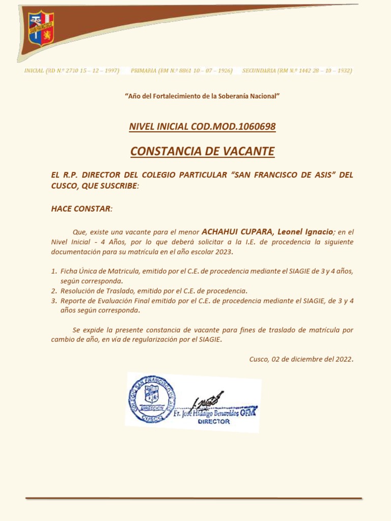 Constancia de Vacante: Nivel Inicial Cod - Mod.1060698 | PDF