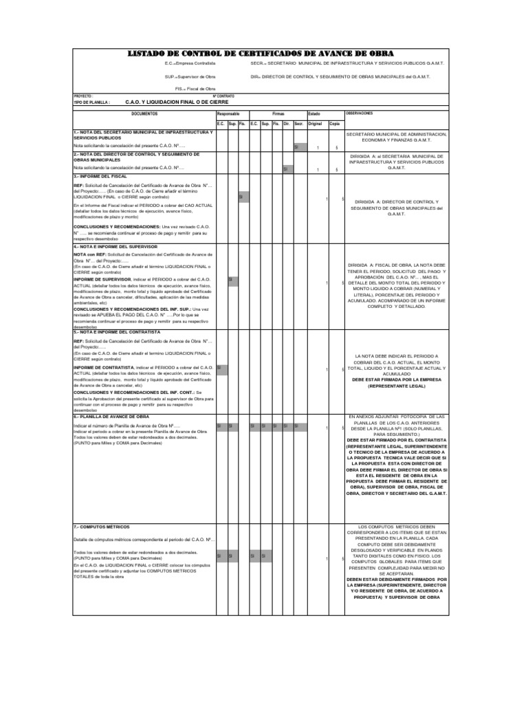 CHECK LIST PLANILLA AVANCE DE OBRA Y CIERRE G.A.M.T. ULTIMO | PDF