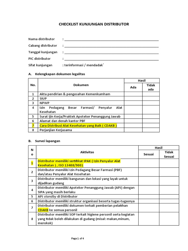 Checklist Inspeksi Distributor Alkes | PDF