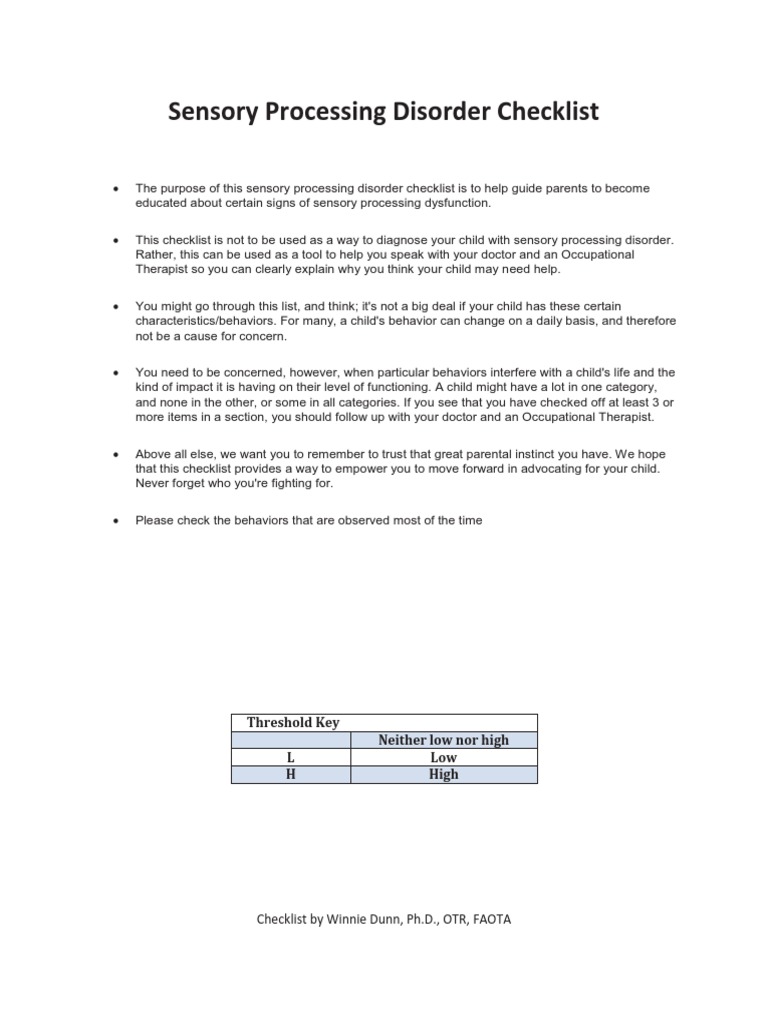 Parent Sensory-Checklist (Dunn) | PDF | Sensory Processing Disorder ...