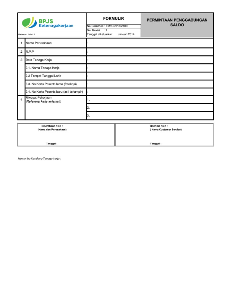 Form Penggabungan Saldo JHT BPJS Ketenagakerjaan | PDF