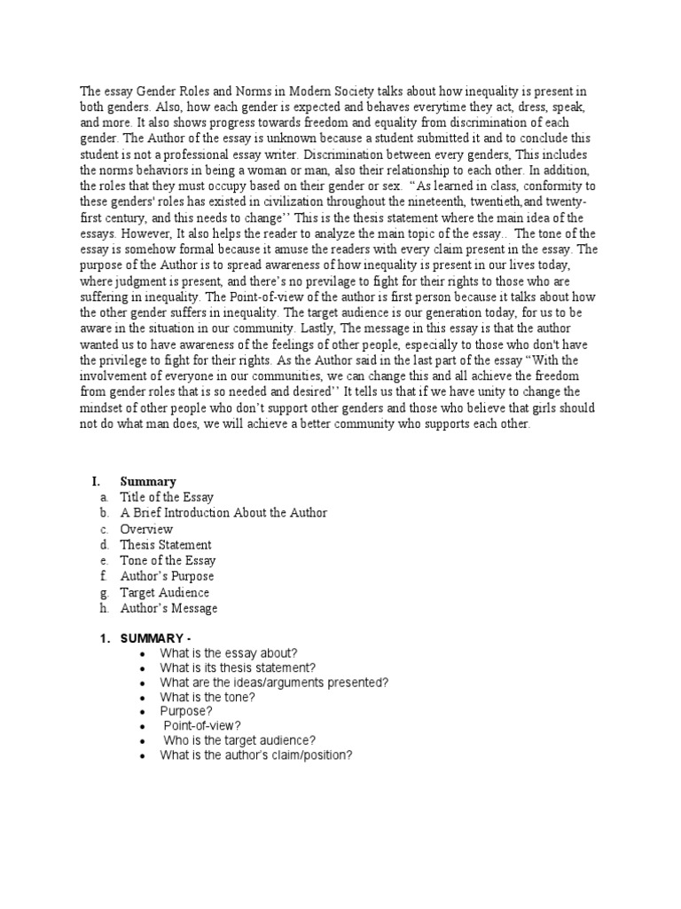 The Essay Gender Roles and Norms in Modern Society Talks About How ...