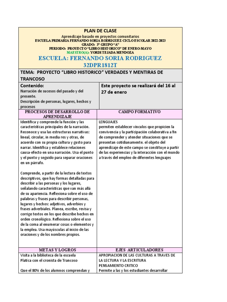 Formato Plan de Clase Escuela Mexicana | PDF | Narración | Cognición
