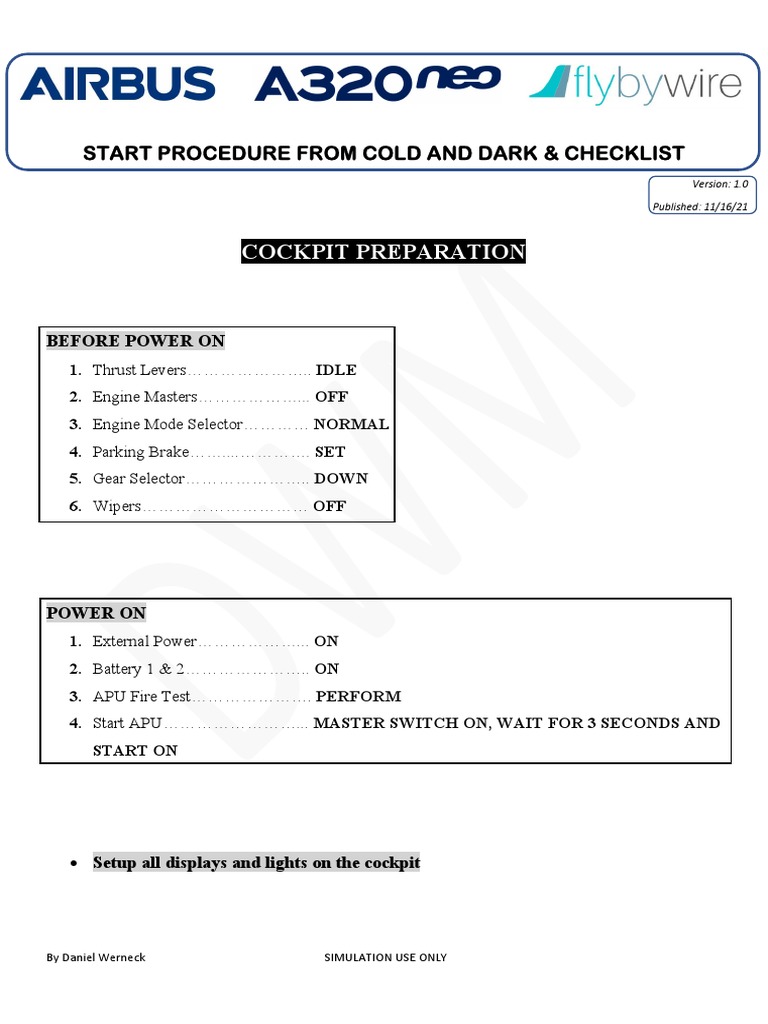 A320 Cold and Dark Startup Checklist | PDF | Transport | Aircraft