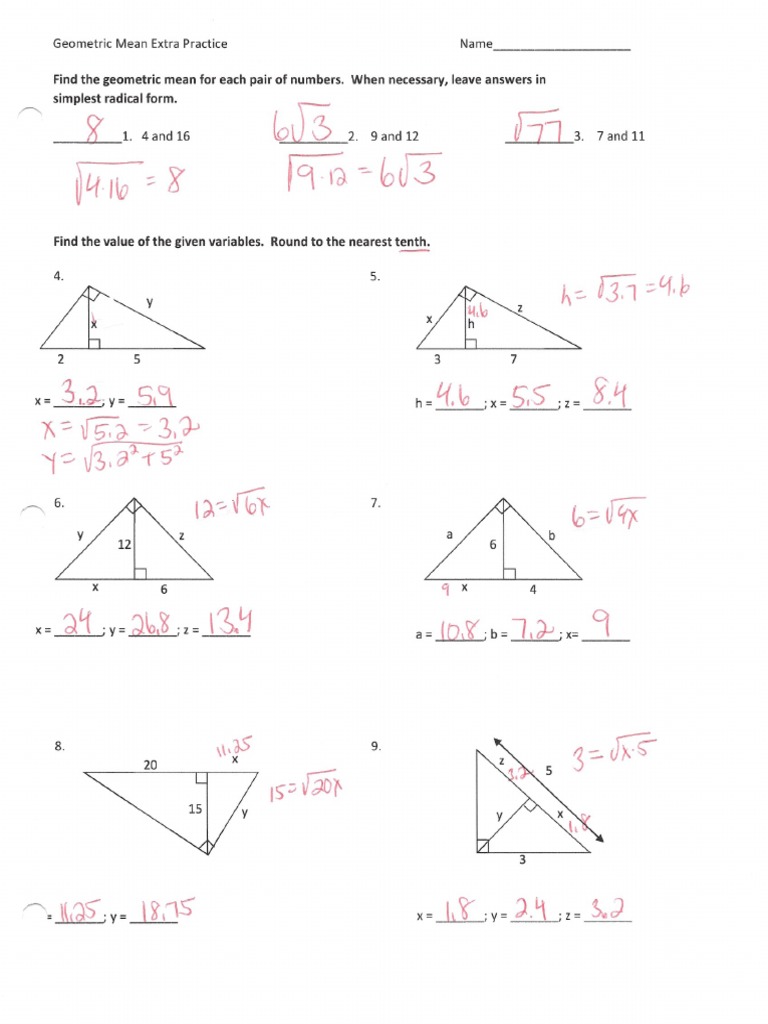 19.2 Geometric Mean Extra Practice Key | PDF