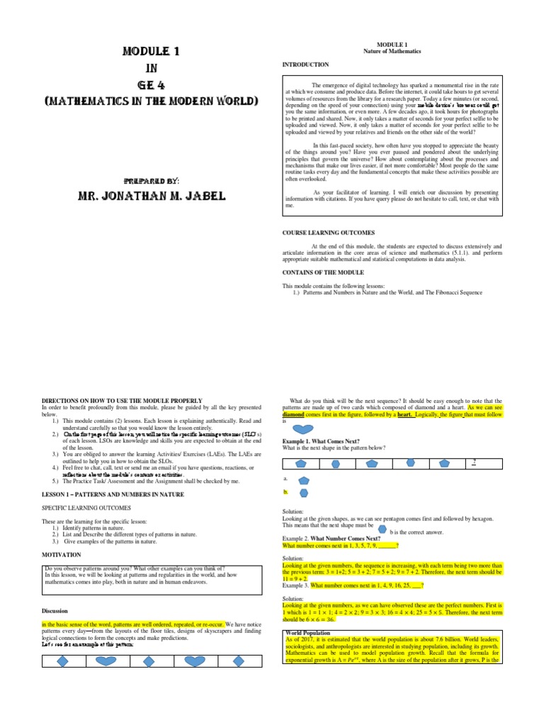 GE4 MODULE 1 | PDF | Pattern | Numbers