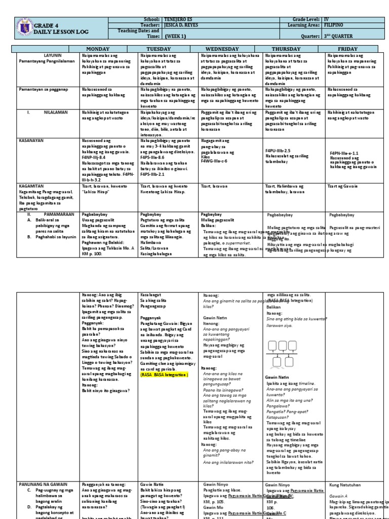 DLL - Filipino 4 - Q3 - W1 | PDF