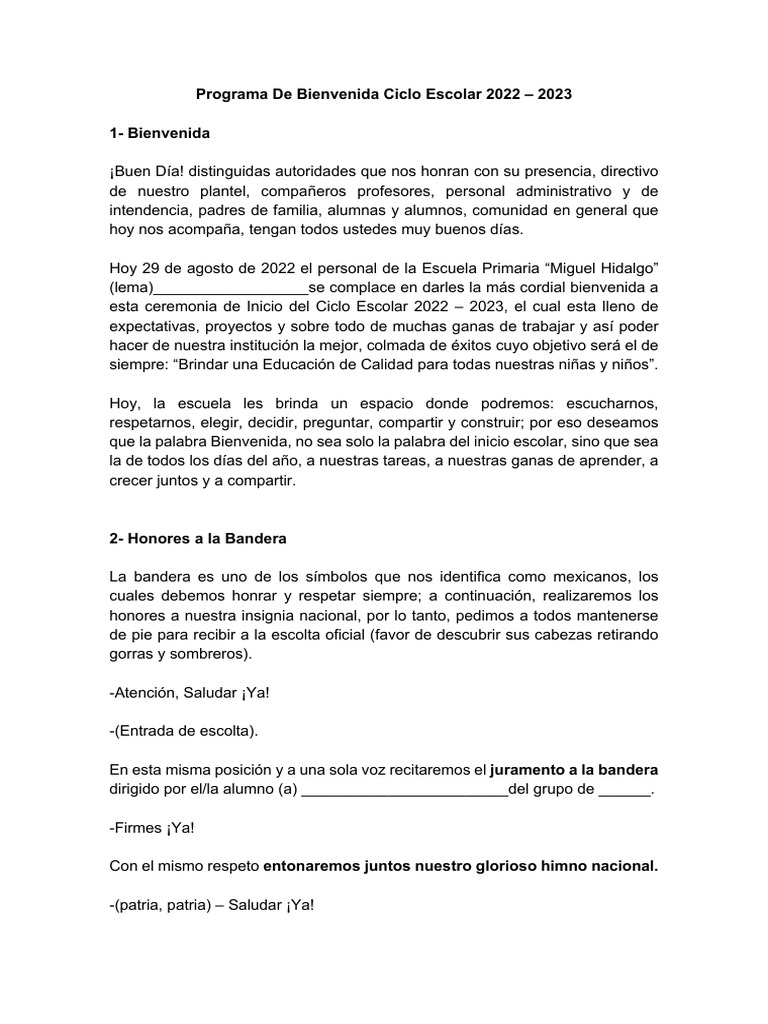 Programa de Bienvenida Ciclo Escolar 2022-2023 | PDF