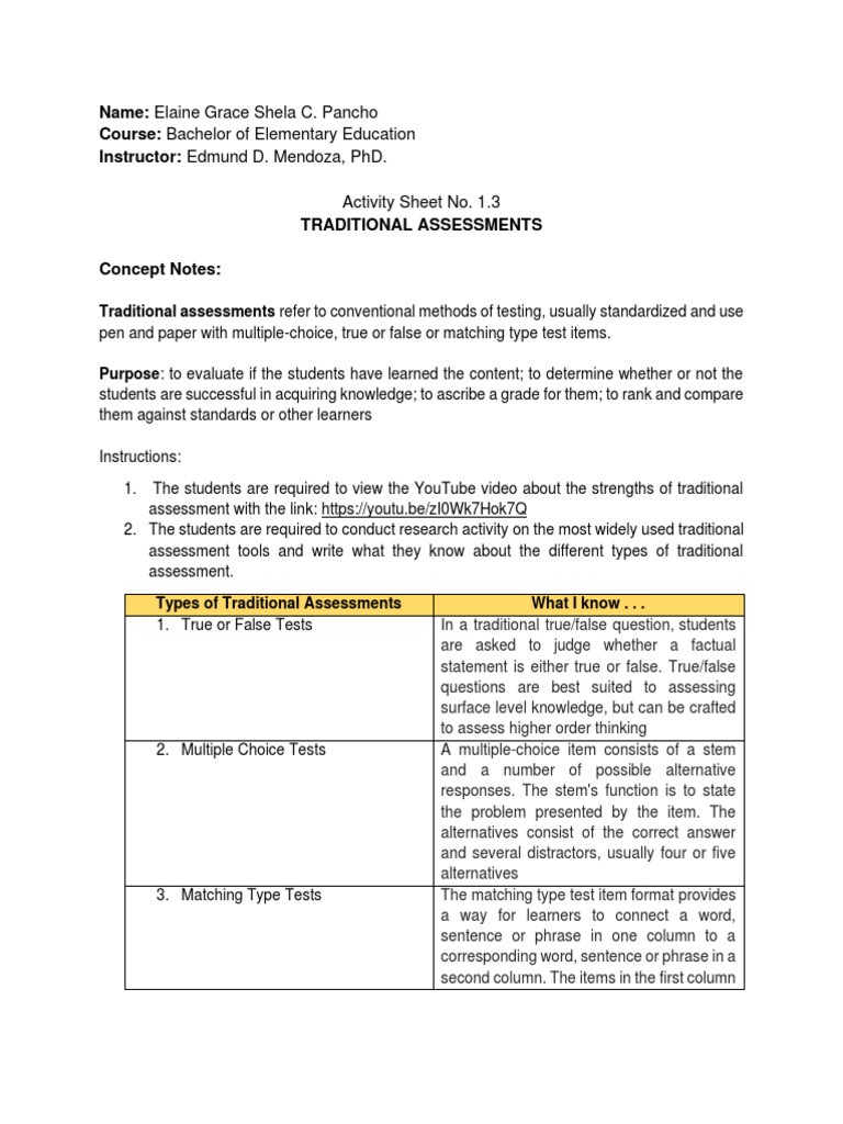 Activity 1.3 Traditional Assessments | PDF | Educational Assessment ...
