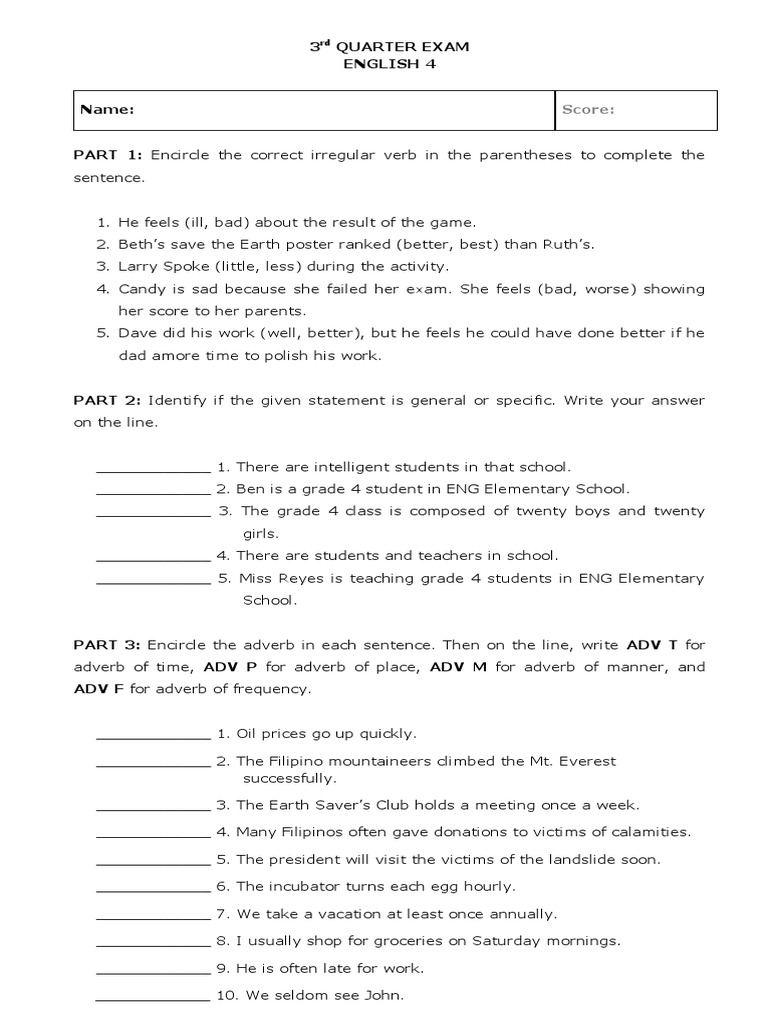 English 4 3Q Exam | PDF | Adverb | Linguistic Morphology