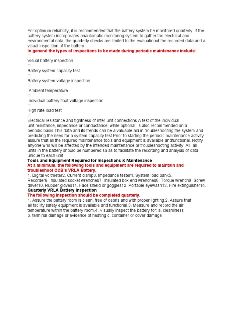 Quarterly VRLA Battery Maintenance SOP | PDF | Technology & Engineering