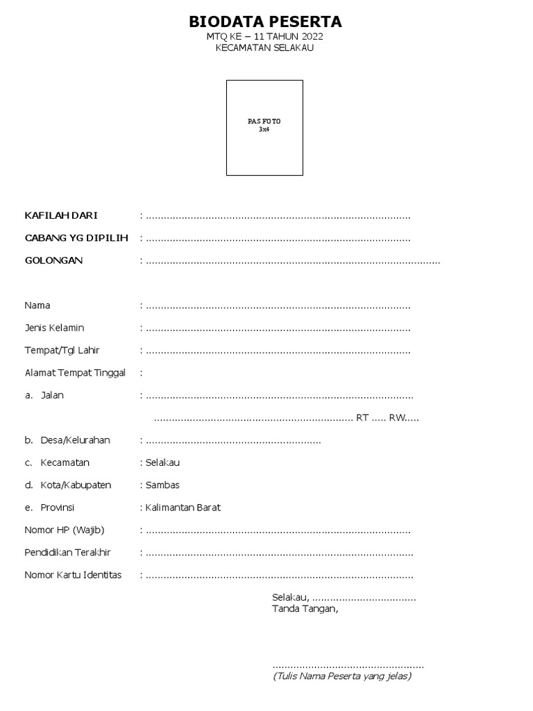 Biodata Peserta MTQ 2022 Selakau | PDF